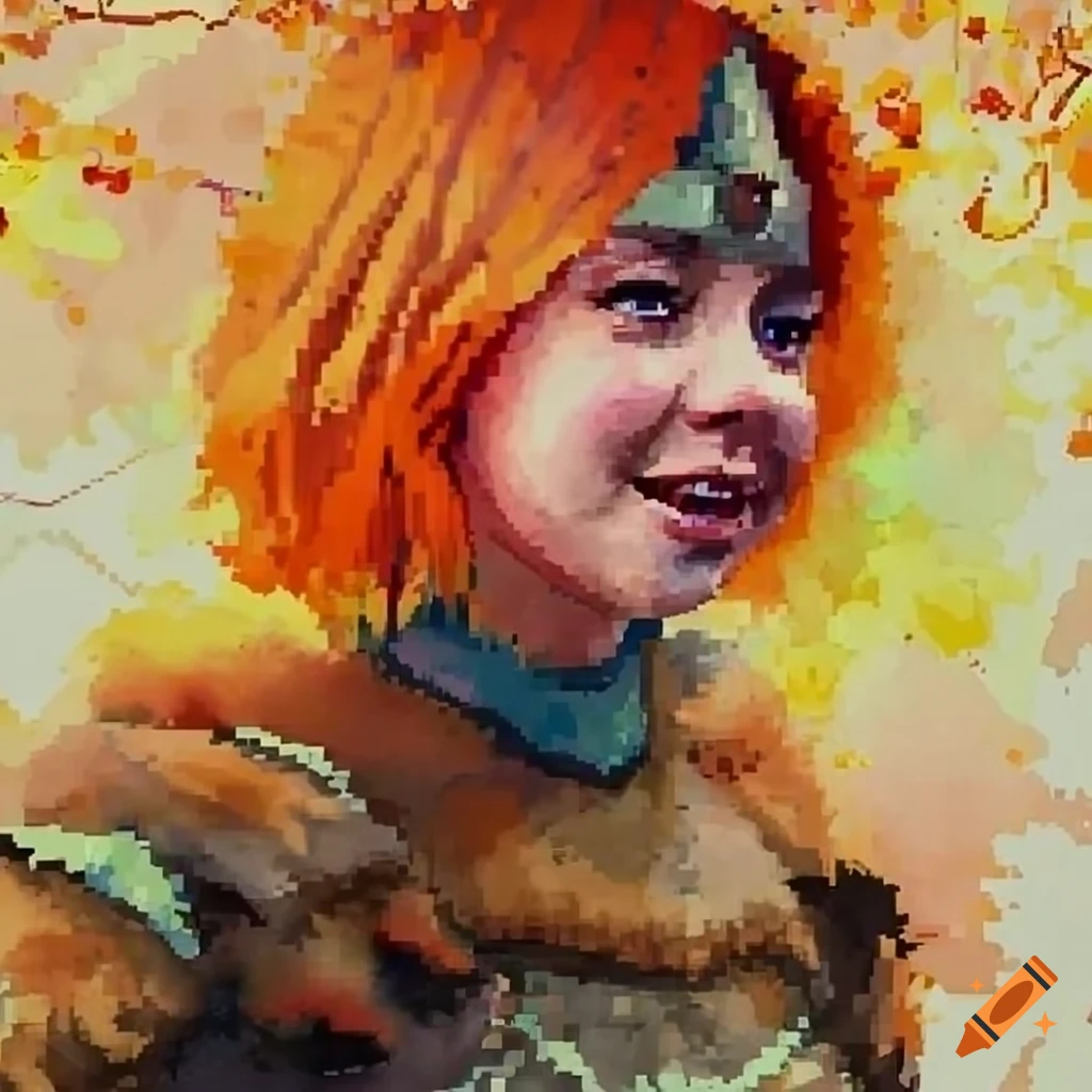 Smiling jrpg heroine with wolf pelt armor honing sword in autumn garden ...