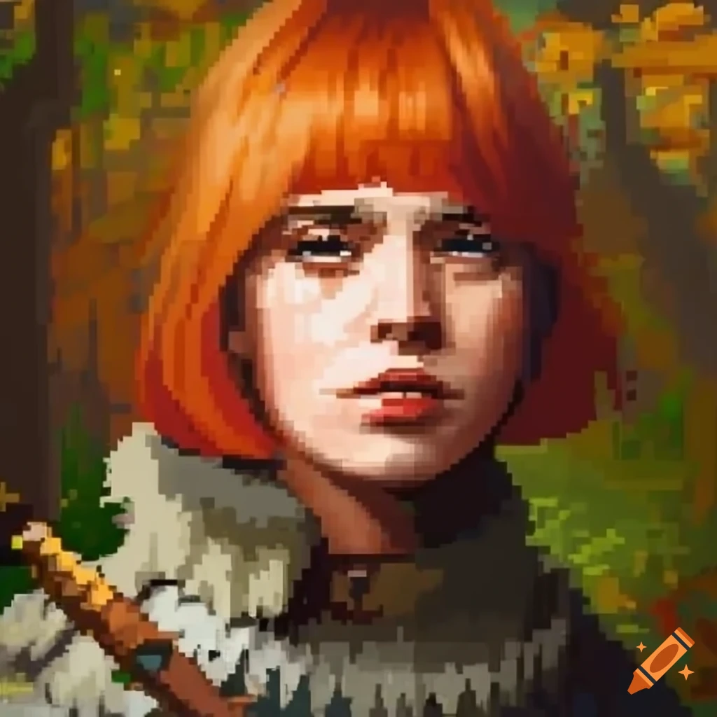 Pixel art hyperrealistic portrait of a grumpy jrpg heroine honing sword skills in an autumn ...