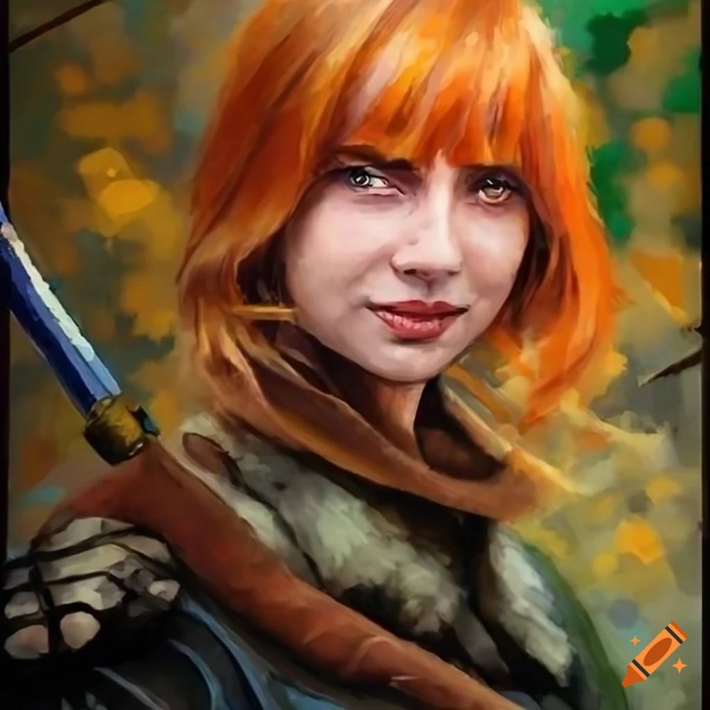 Russian jrpg heroine with wolf pelt armor honing sword skill in autumn ...