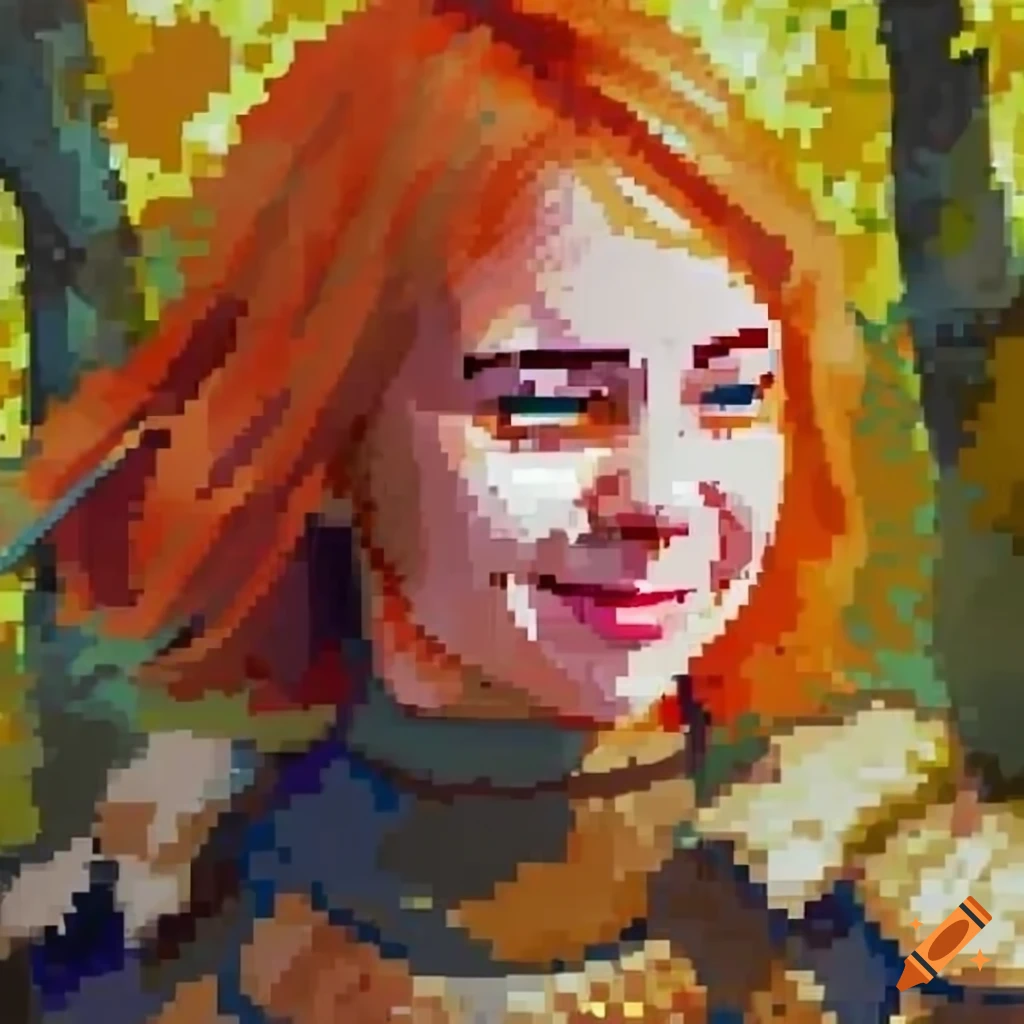 Smiling jrpg heroine with wolf pelt armor honing sword in autumn garden ...