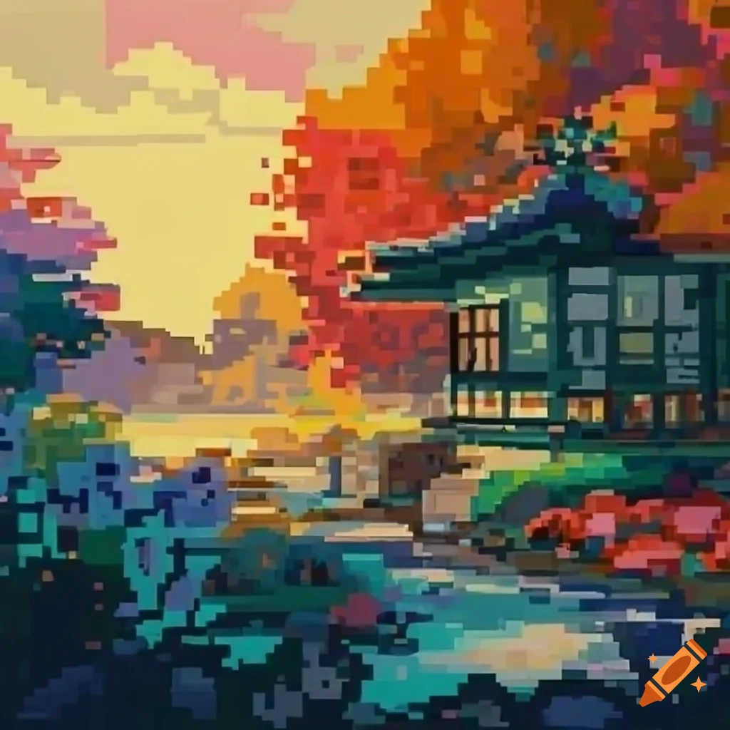 Divine pixel art watercolor painting of a blooming Japanese garden on ...