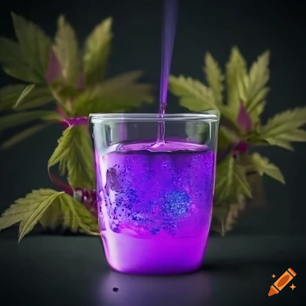 Glass with purple bubbling syrup surrounded by purple plants on Craiyon