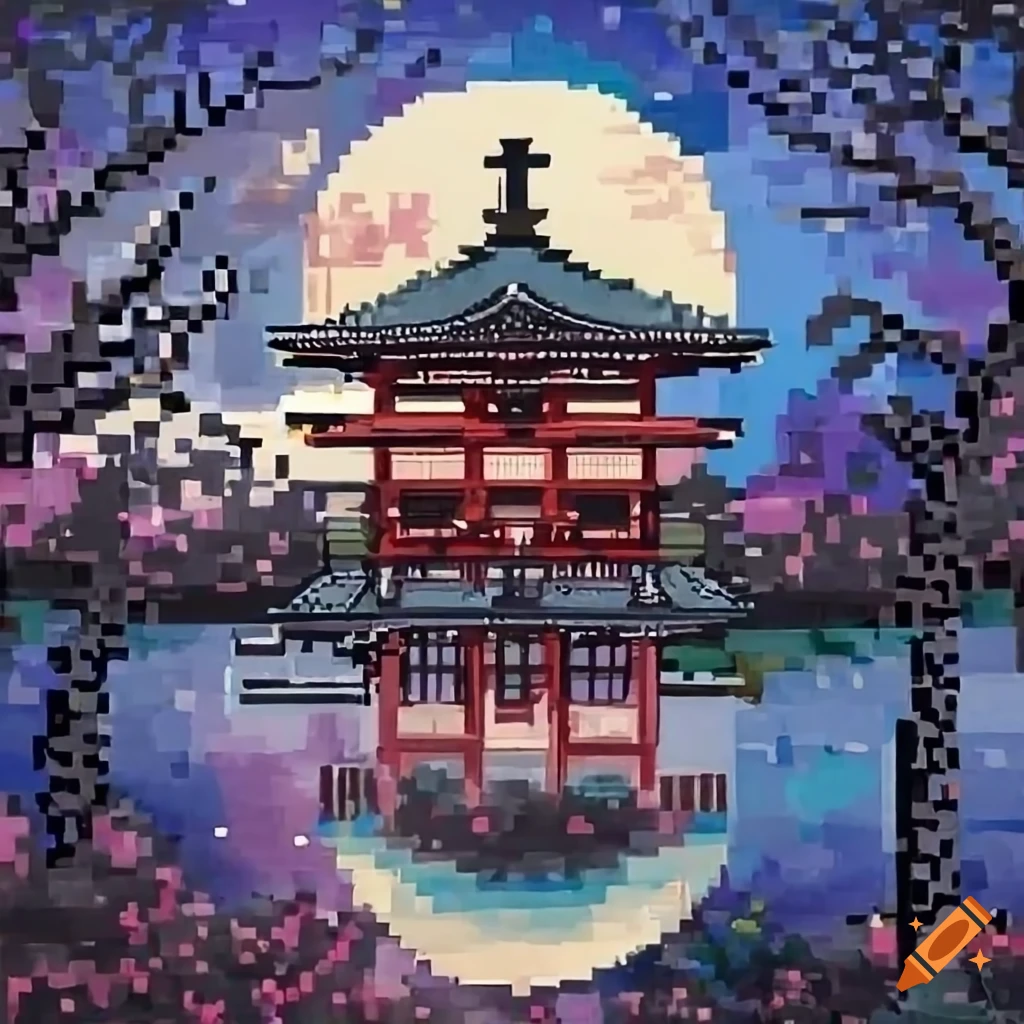 Pixel art watercolor oil painting of a blooming japanese garden with ...