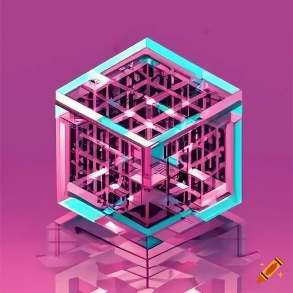Pink laser grid intersecting a cube in geometric art on Craiyon