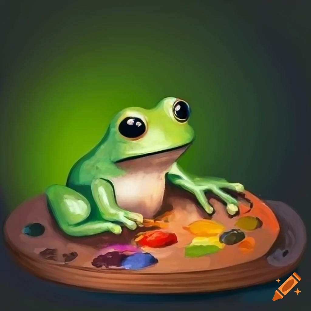 Little frog artist painting with a brush and palette on Craiyon