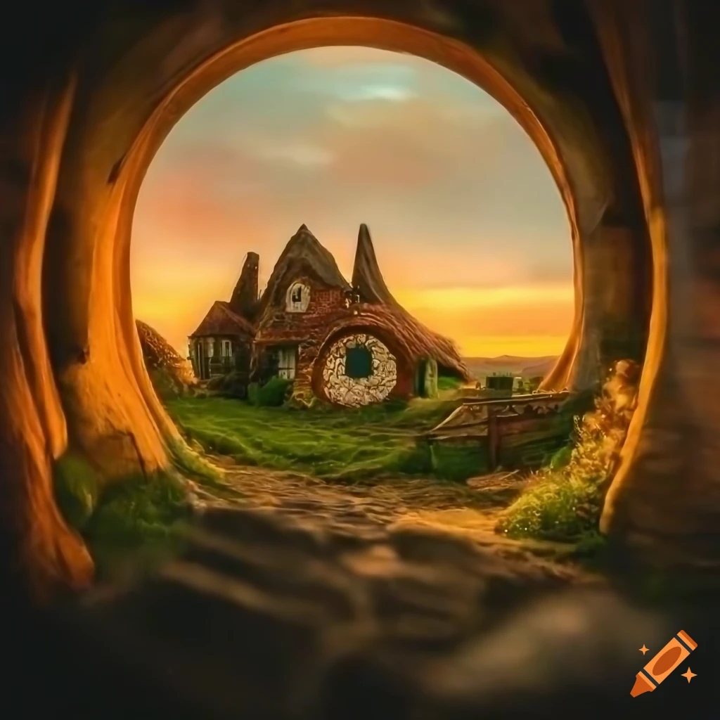 Magical land with furry aliens and hobbit houses during golden hour on ...
