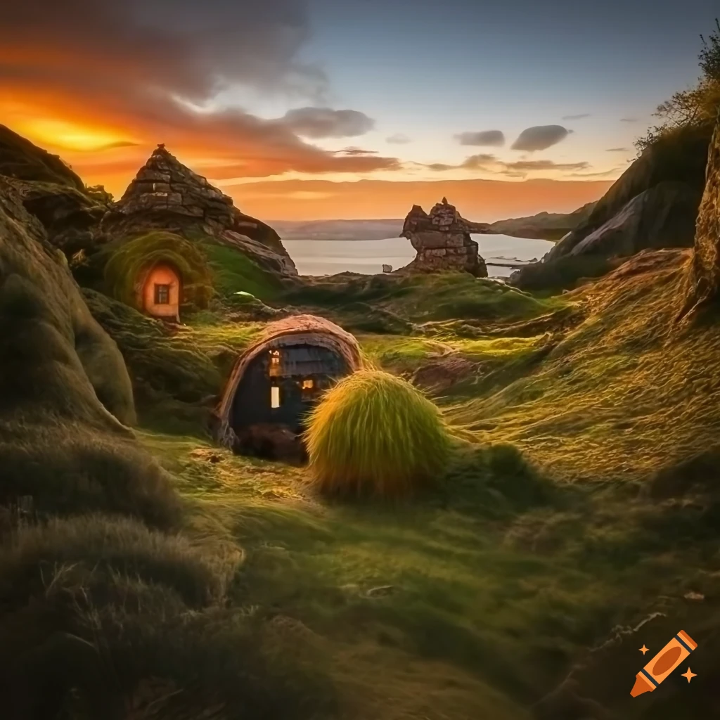Magical land with furry aliens and hobbit houses during golden hour on ...