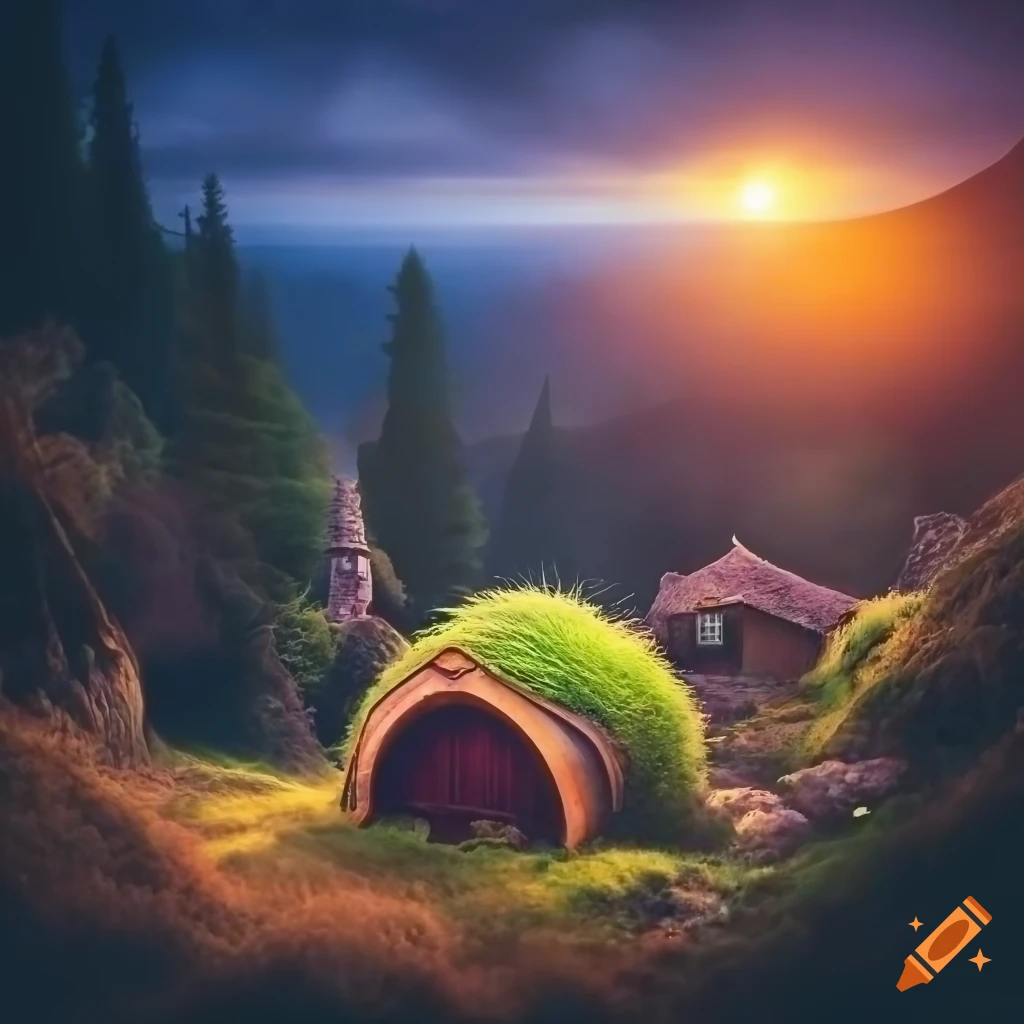 Magical land with furry aliens and hobbit houses during golden hour on ...