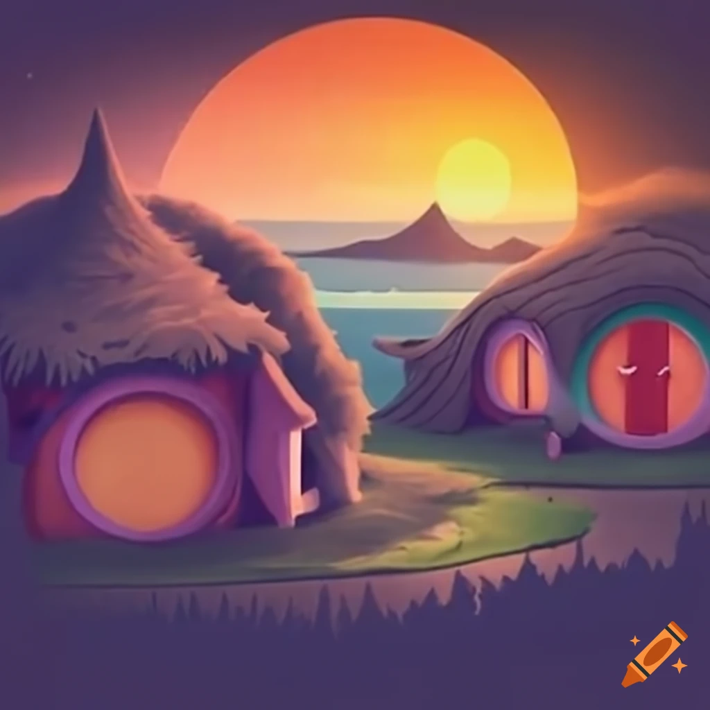 Furry beings among hobbit-like homes at sunset on Craiyon