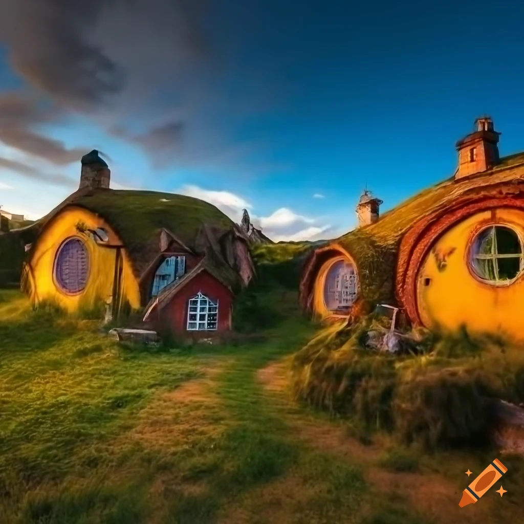 Magical land with furry aliens and hobbit houses during golden hour on ...