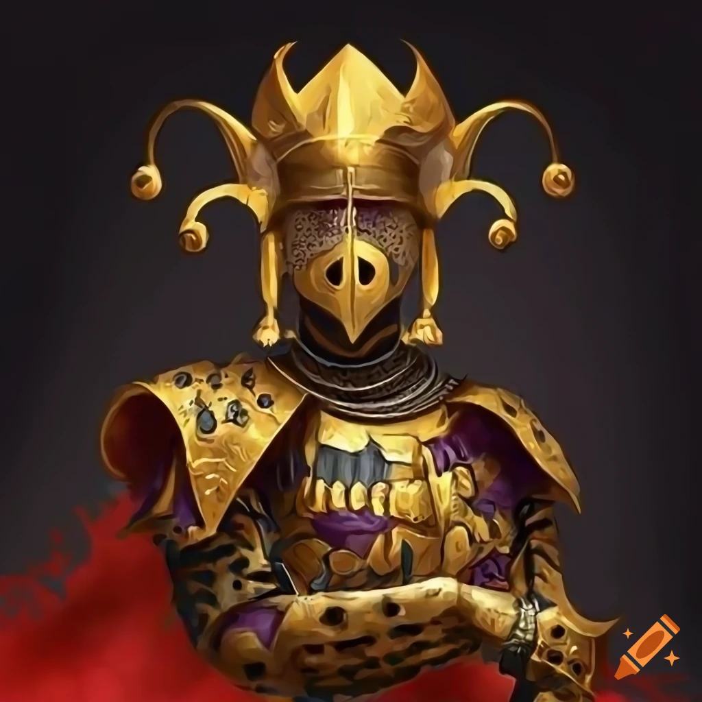 Noble knight in jester mask and intricate gold armor on a chaotic ...