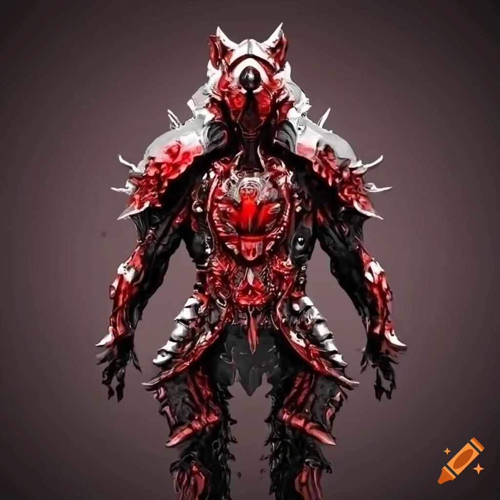 Intimidating black and blood red wolf in steampunk metal armor on Craiyon