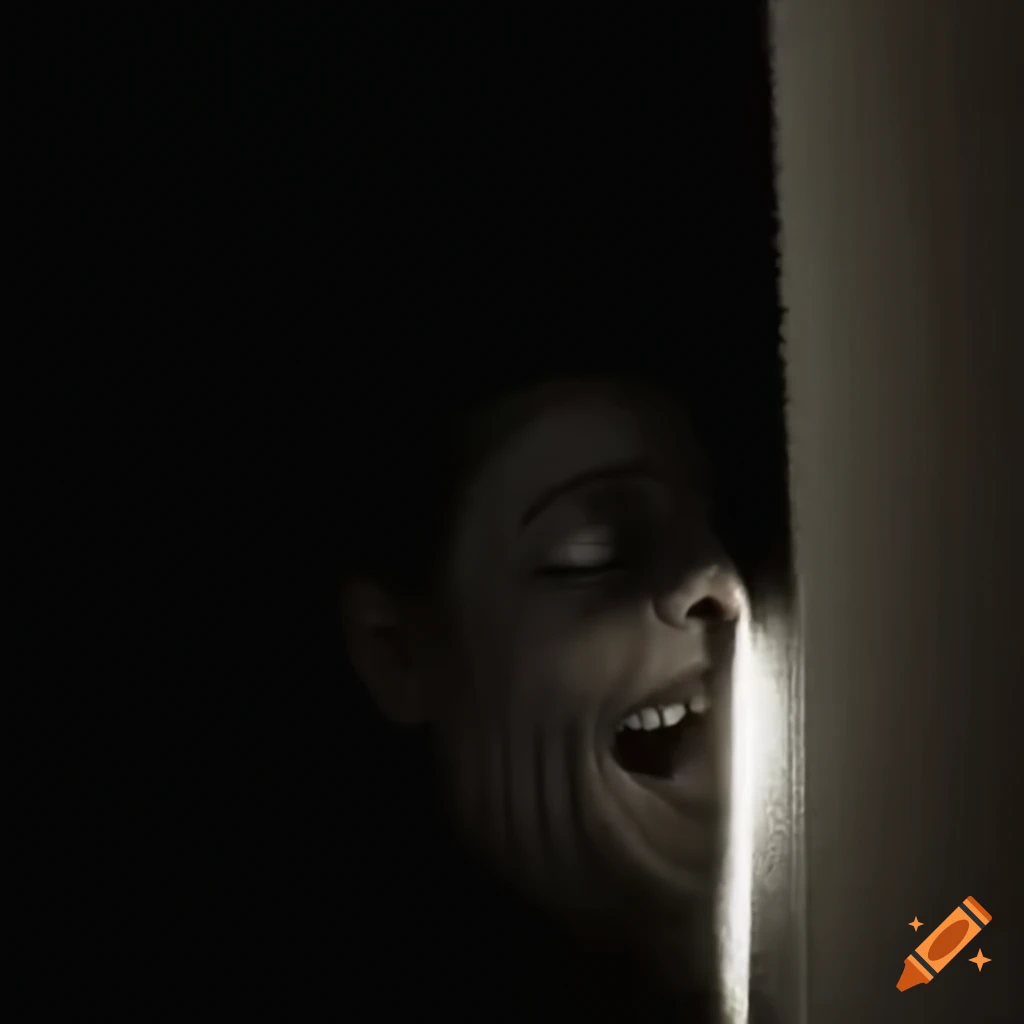 Person peeking around a corner smiling in the dark with vhs grainy ...