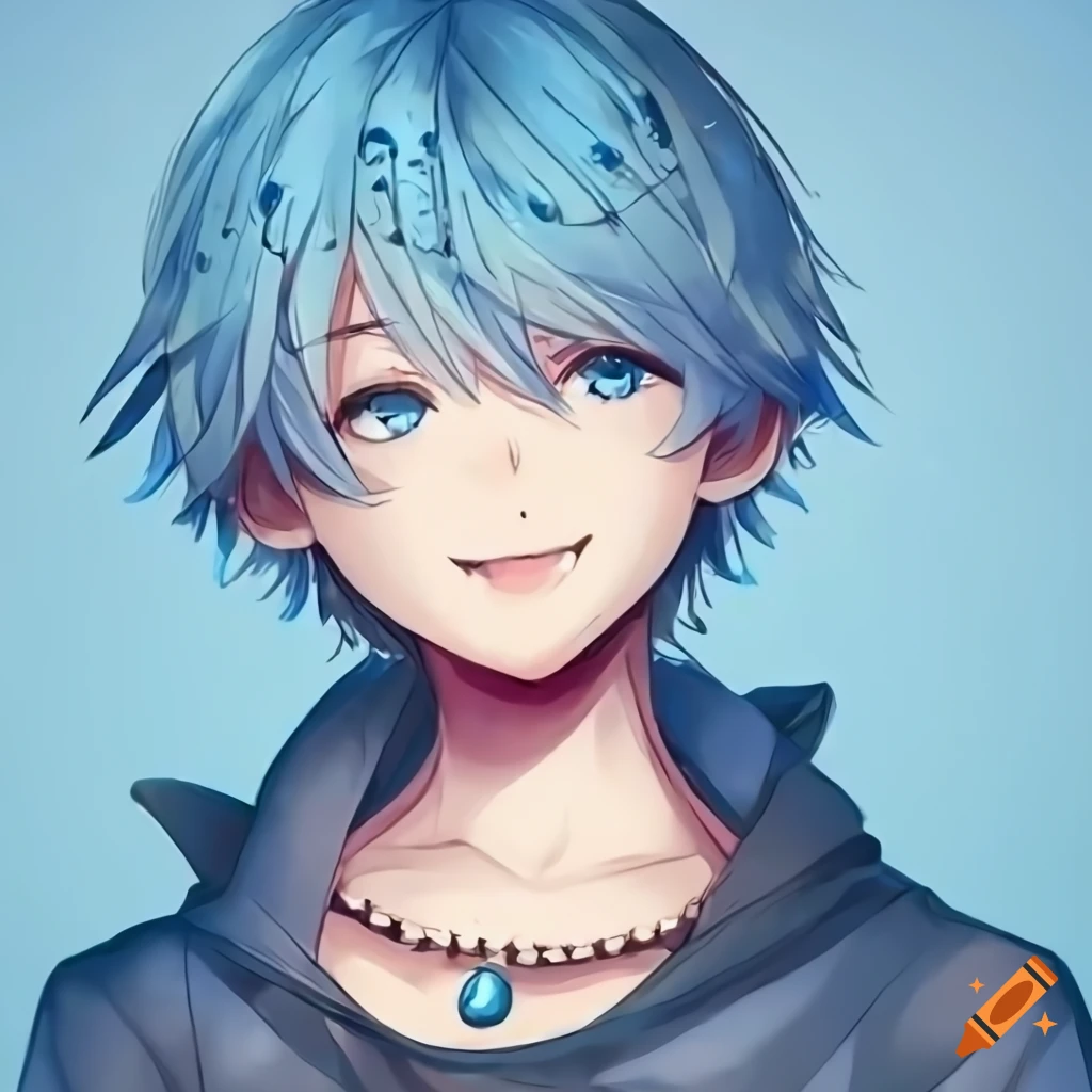 Cute anime shark boy with light blue eyes and hair, sharp teeth, in ...
