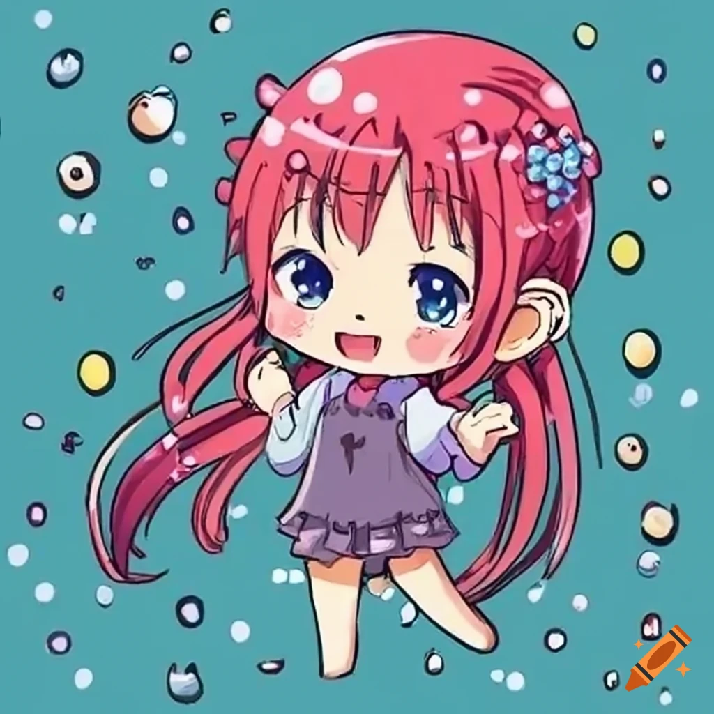 Anime-style child's doodles of happy faces, animals, and symbols like ...