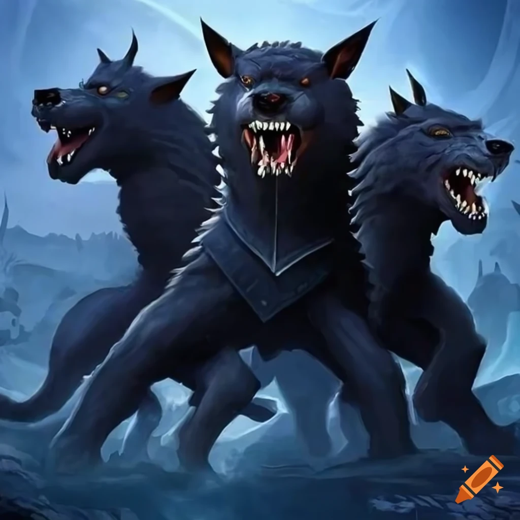 Cerberus, the three-headed guardian beast at the underworld's entrance ...