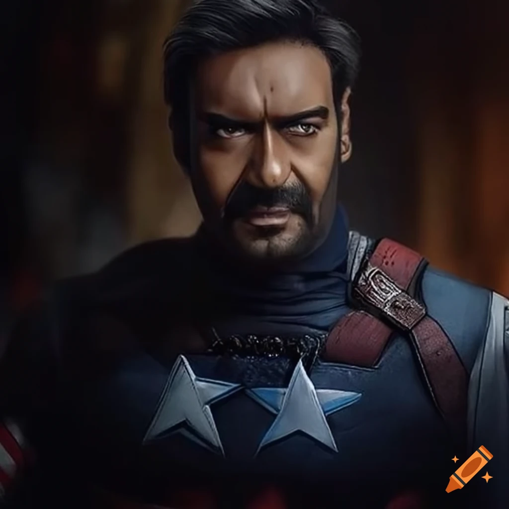 Fan art of Bollywood actor Ajay Devgn as Captain America on Craiyon