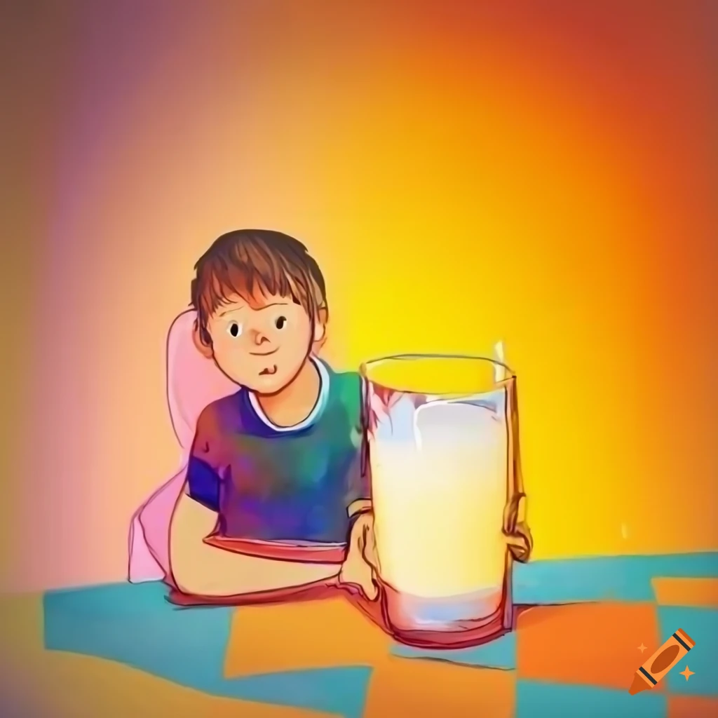 4th grade boy in a kitchen with apple juice on table, abstract ...