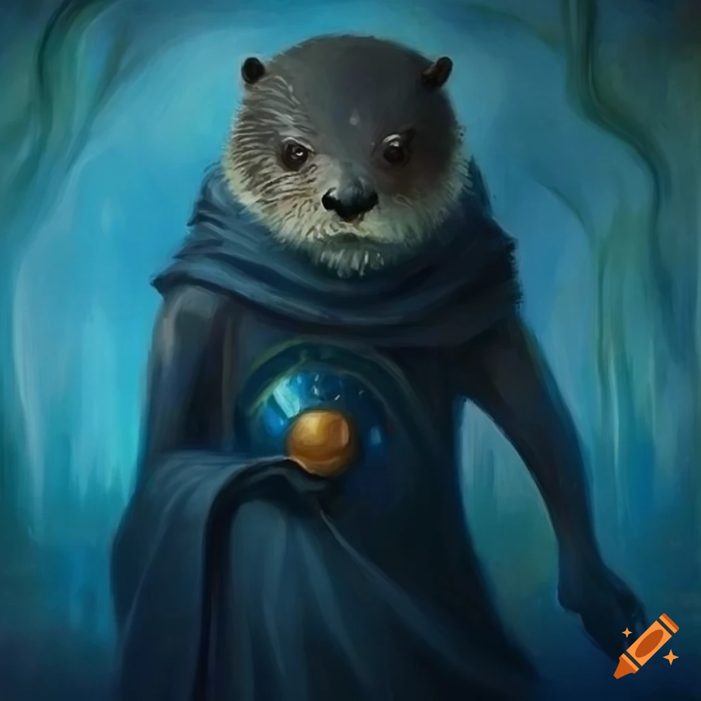 Anthropomorphic otter wizard creating a magical blue shield in an oil ...