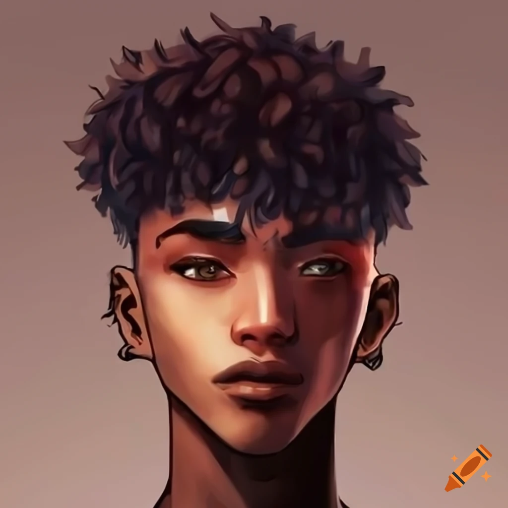 Japanese Anime Inspired Male Character With Dark Brown Skin And Unique