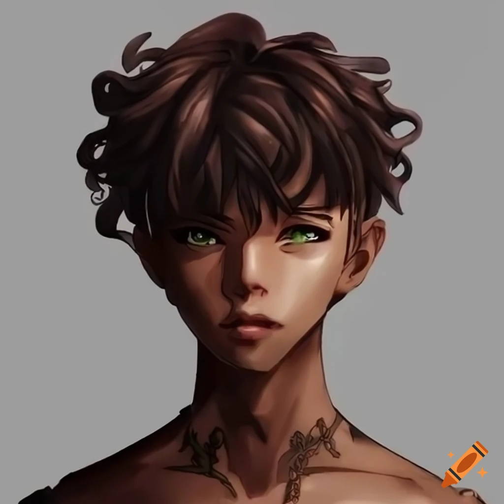 Japanese Anime Inspired Male Character With Dark Brown Skin And Unique