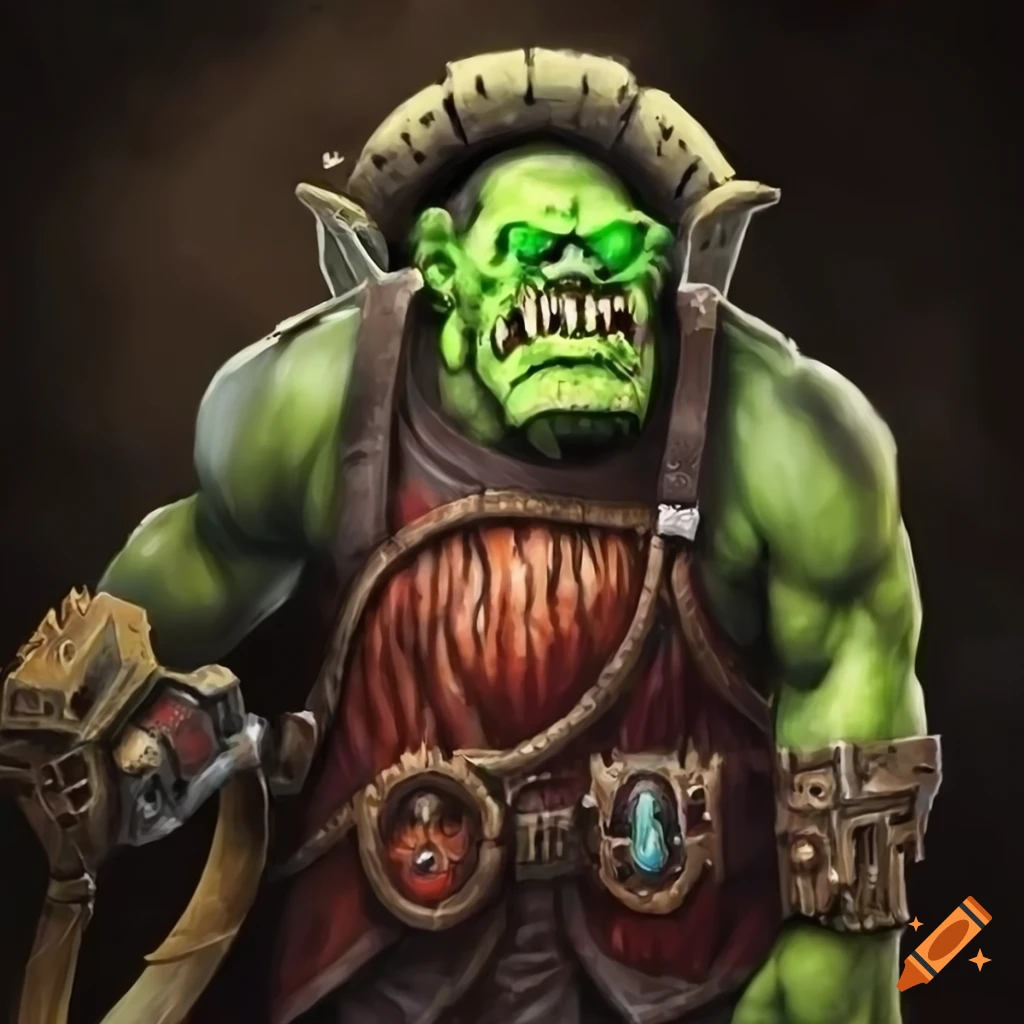 Warhammer Ork with glowing eyes wearing a paint-stained apron in ...