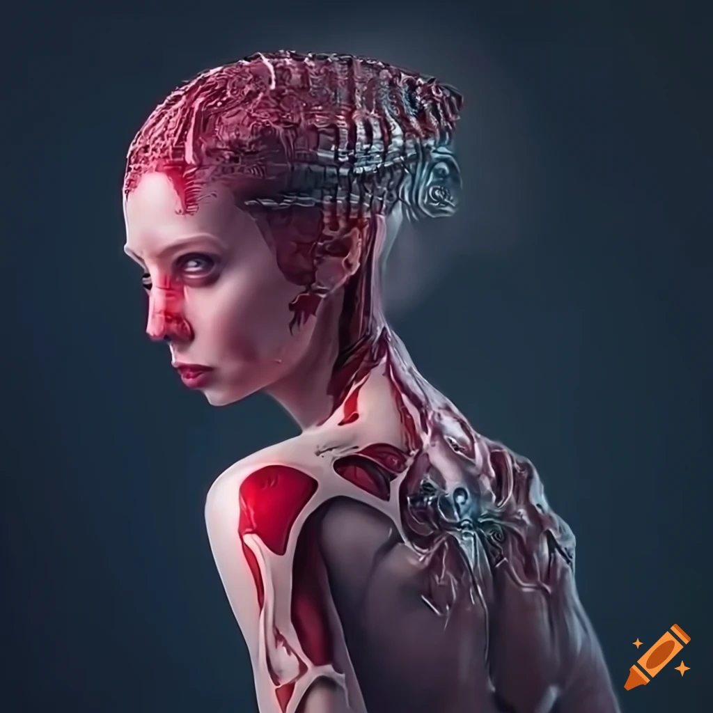 Intricate long-limbed feminine biomechanical humanoid with blood arm ...