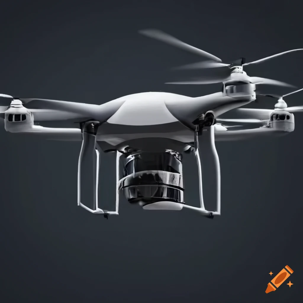 Flying drone in wire-point style grid matrix against a black void on ...