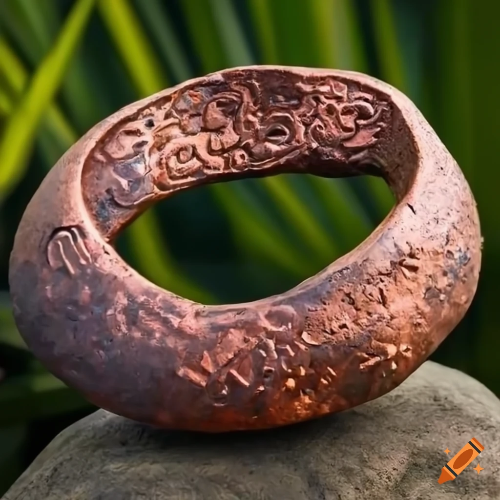 Prehistoric copper crown on a stone in a lush oasis on Craiyon