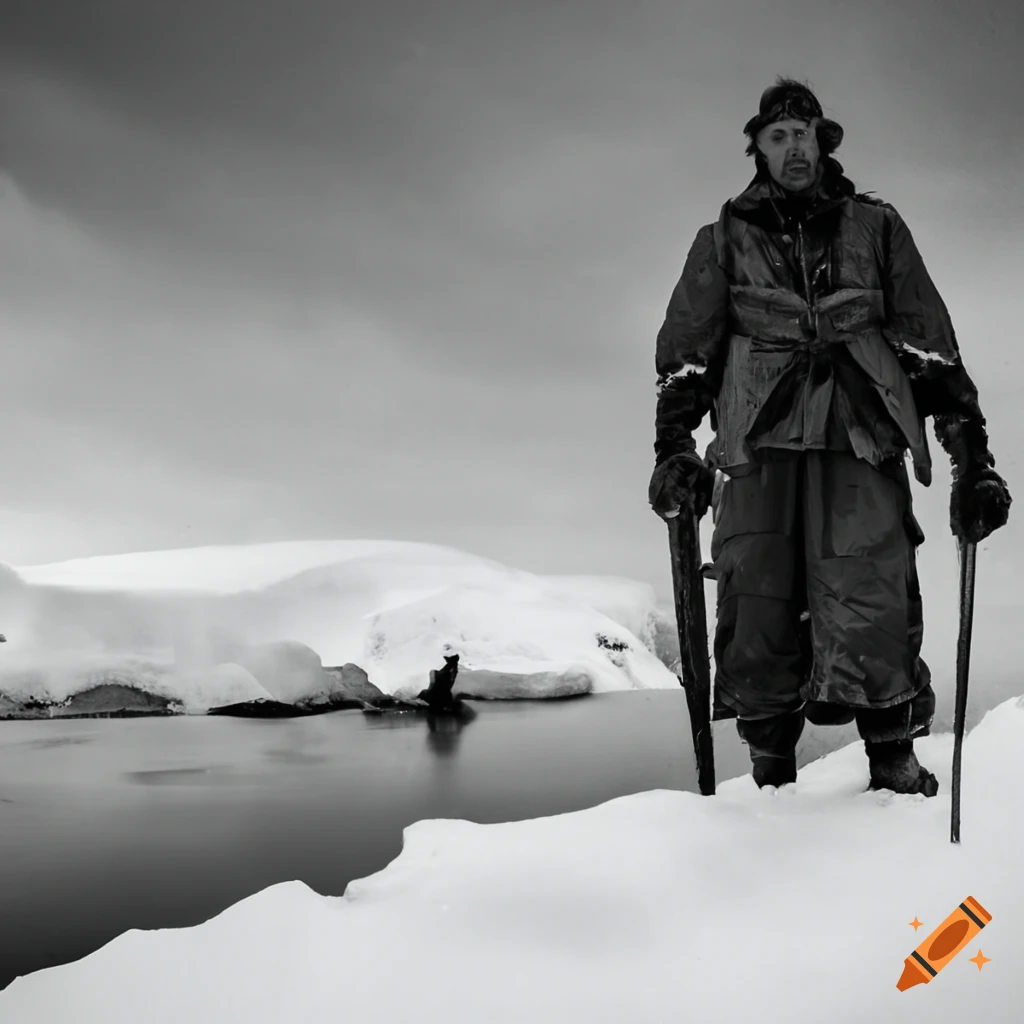 Adventurers discovering ancient ruins in a snow-covered Antarctic ...
