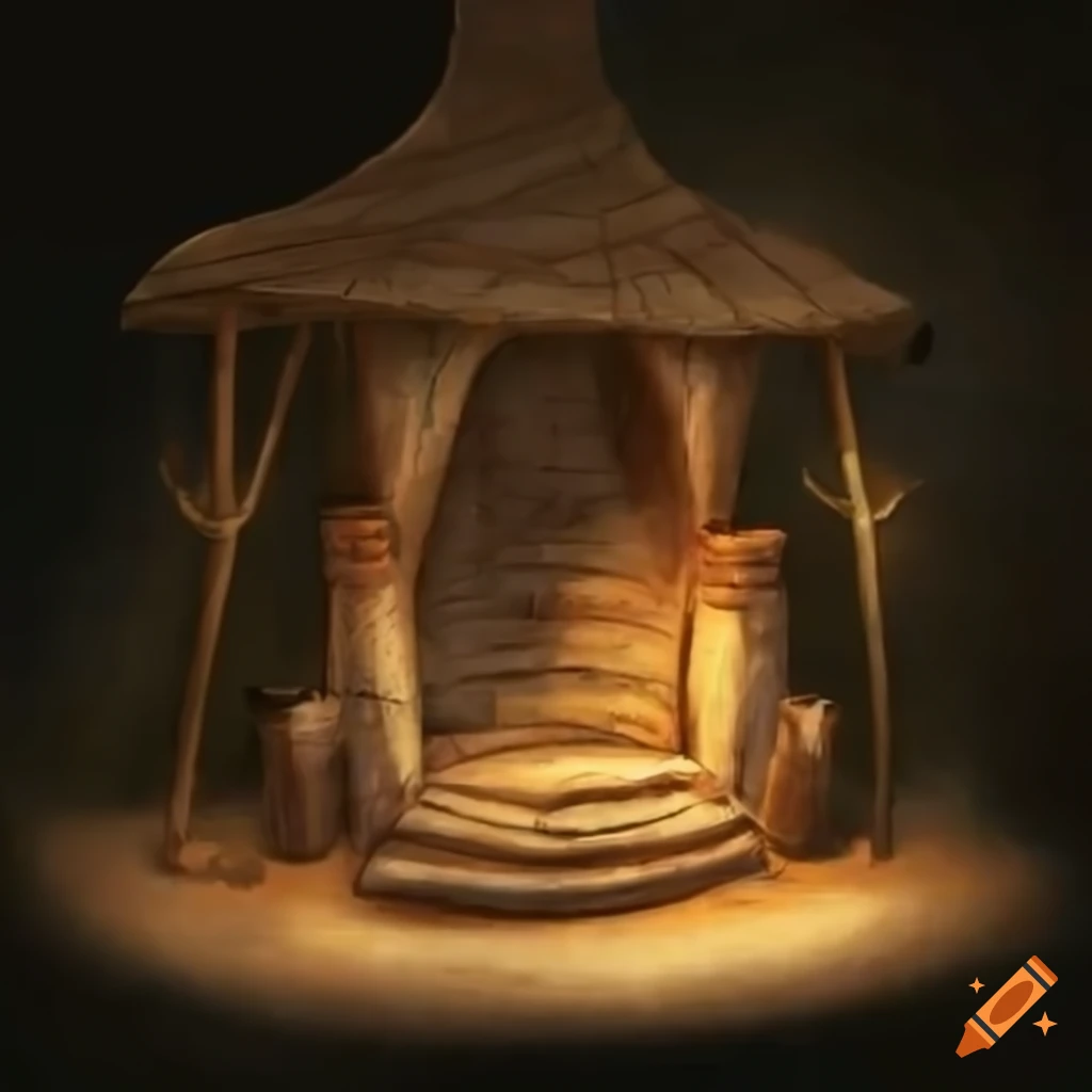 Realistic painting of a stone age village with an ivory tusk throne and ...