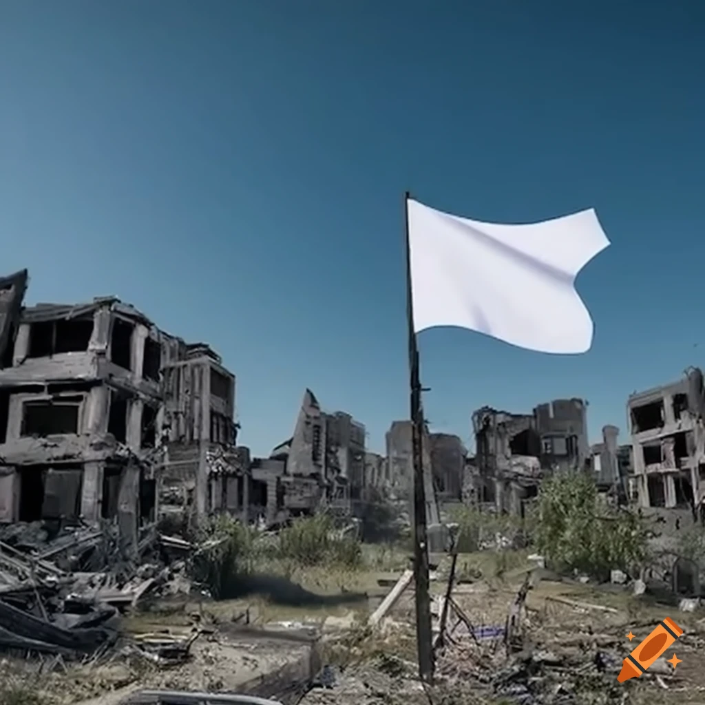 Post-apocalyptic town with a white peace flag on Craiyon