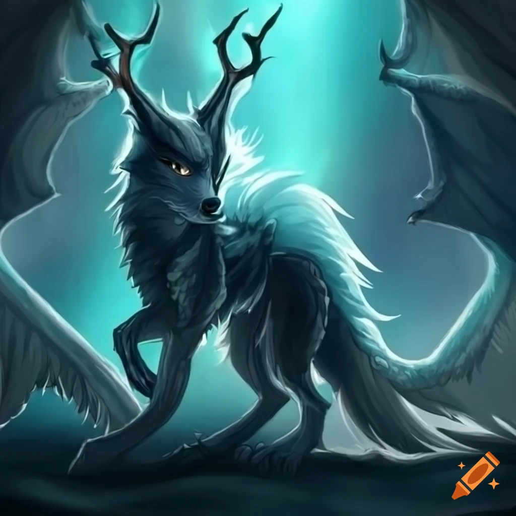 Anime wolf dragon with antlers and feathered wings on Craiyon