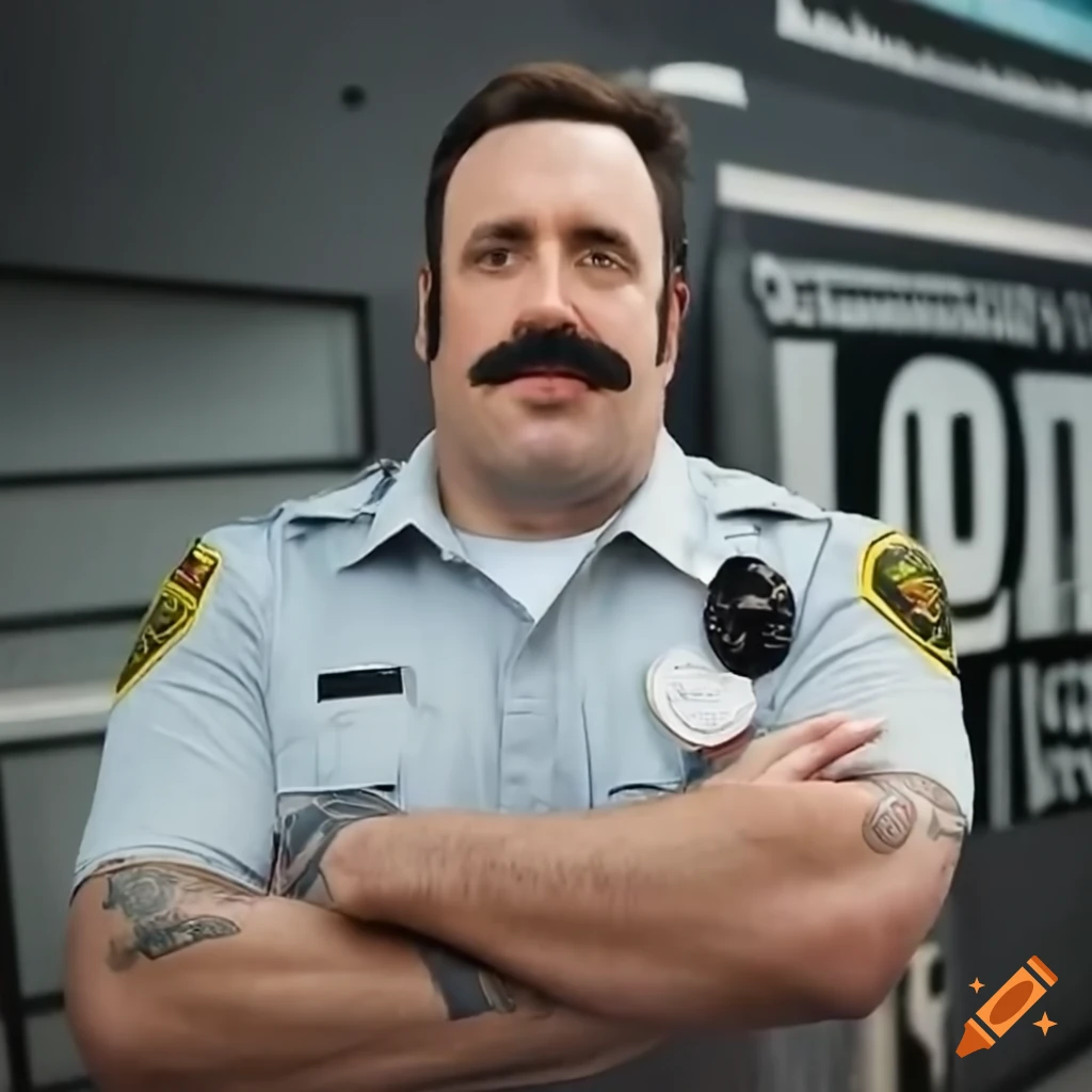 Kevin James with mustache in mall cop attire on Craiyon