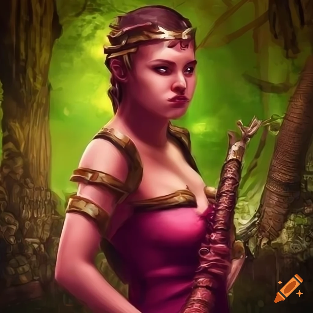 Young amazonian woman in brown and pink armor with a quiver in a jungle ...