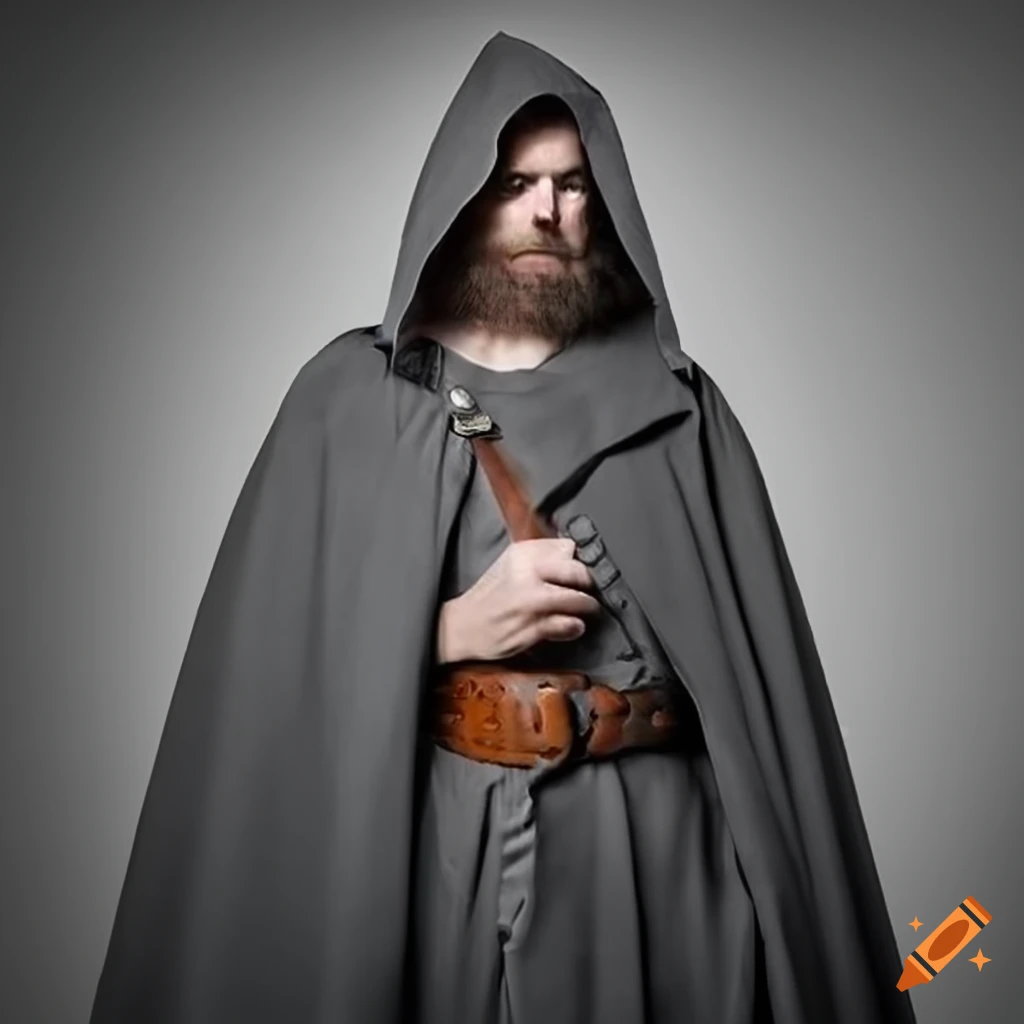 Medieval magician in grey cloak with leather belt on Craiyon