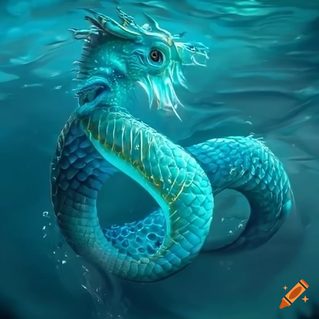 Sea serpent design with blue and turquoise hues and water effects on ...