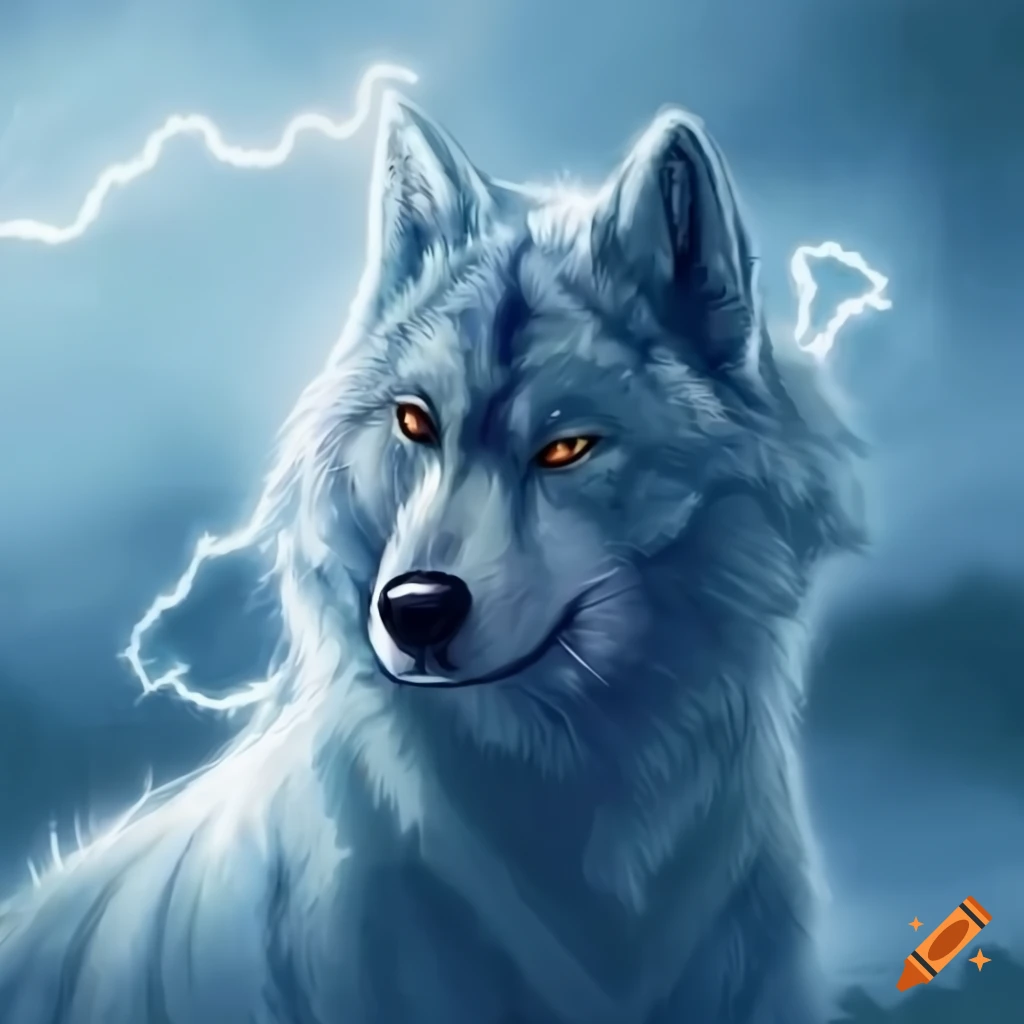 Lightning wolf design in white, silver, and light blue hues with cloud ...