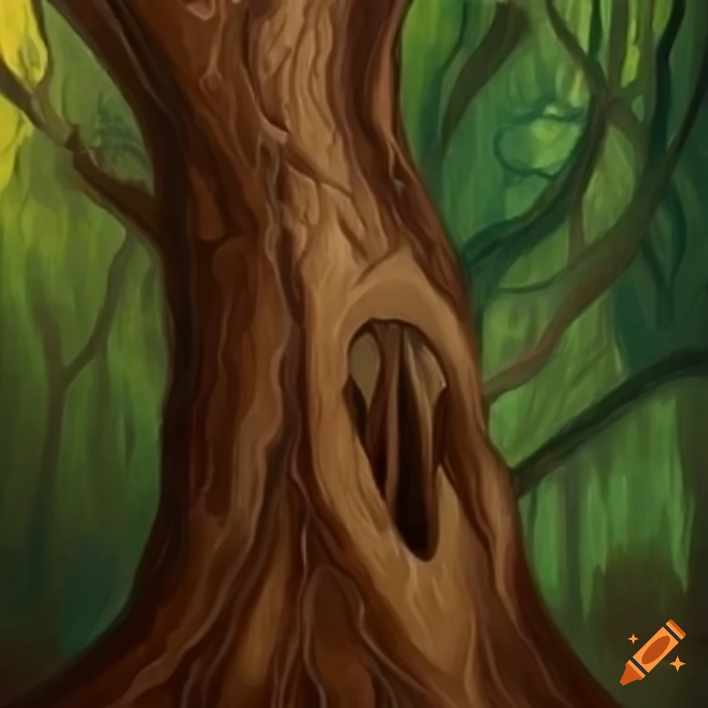 Tree ent design with green and brown hues on a forest background on Craiyon