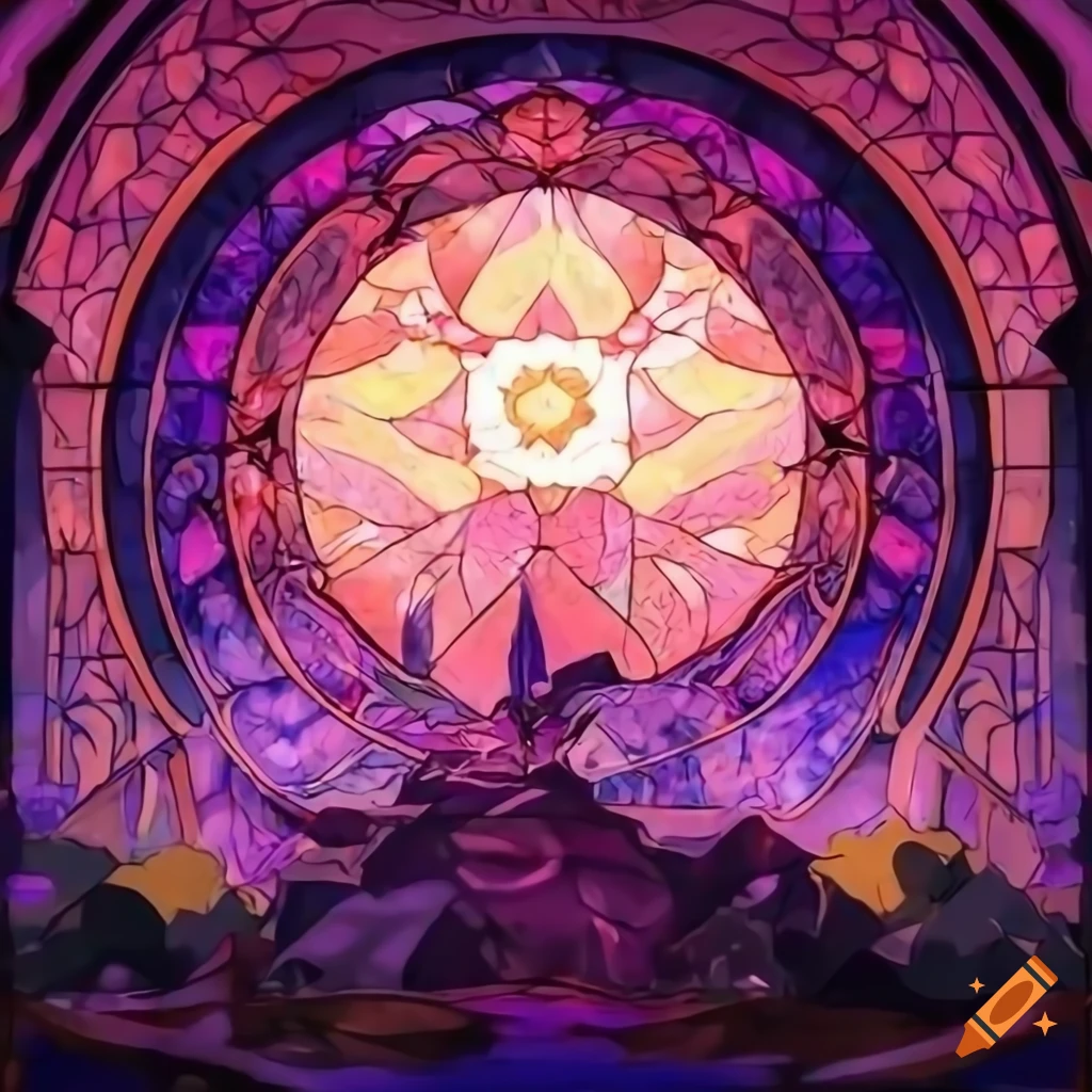 Stained glass art illustration of night landscape in Genshin Impact ...