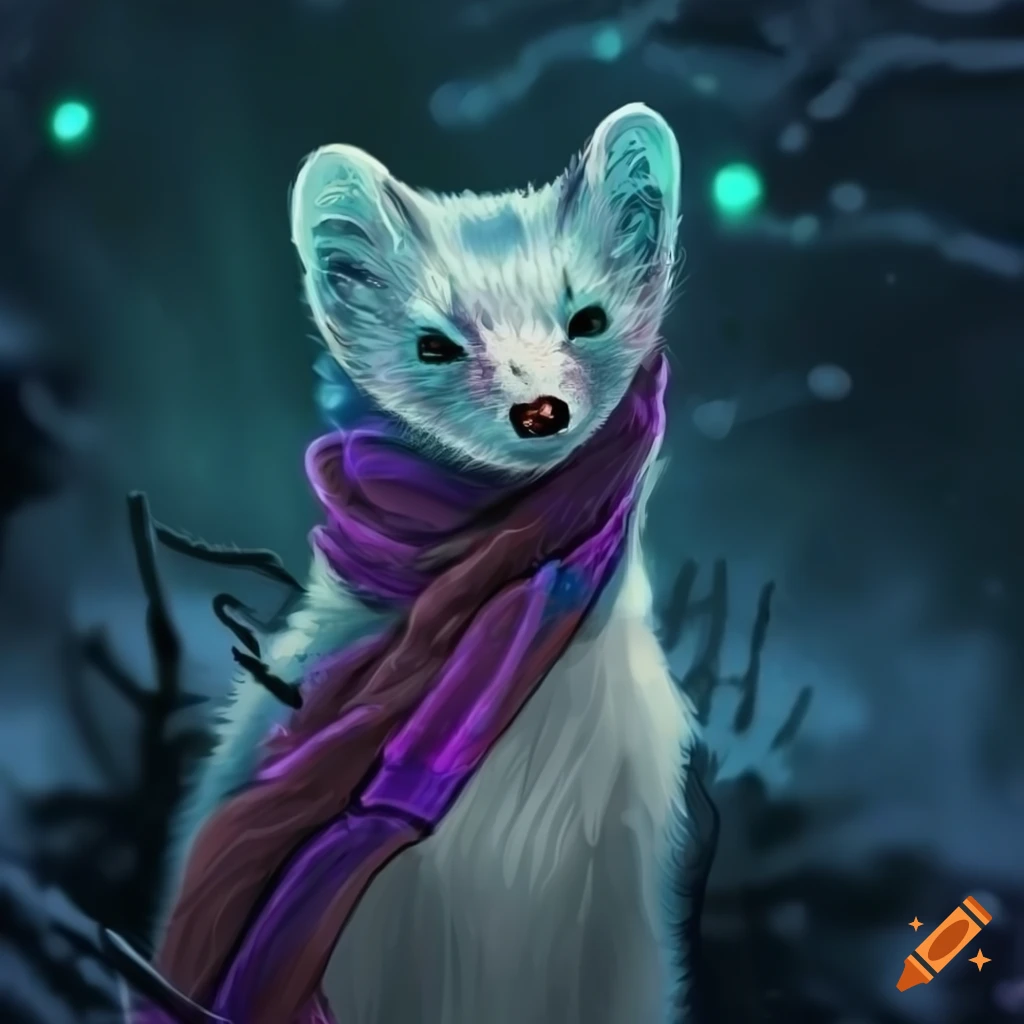 Mythical weasel creature with Jotunn traits and a colorful scarf in a ...