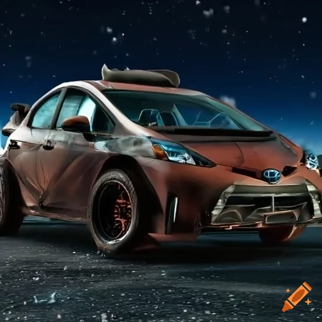 Customized Toyota Prius driving through post-apocalyptic wasteland ...