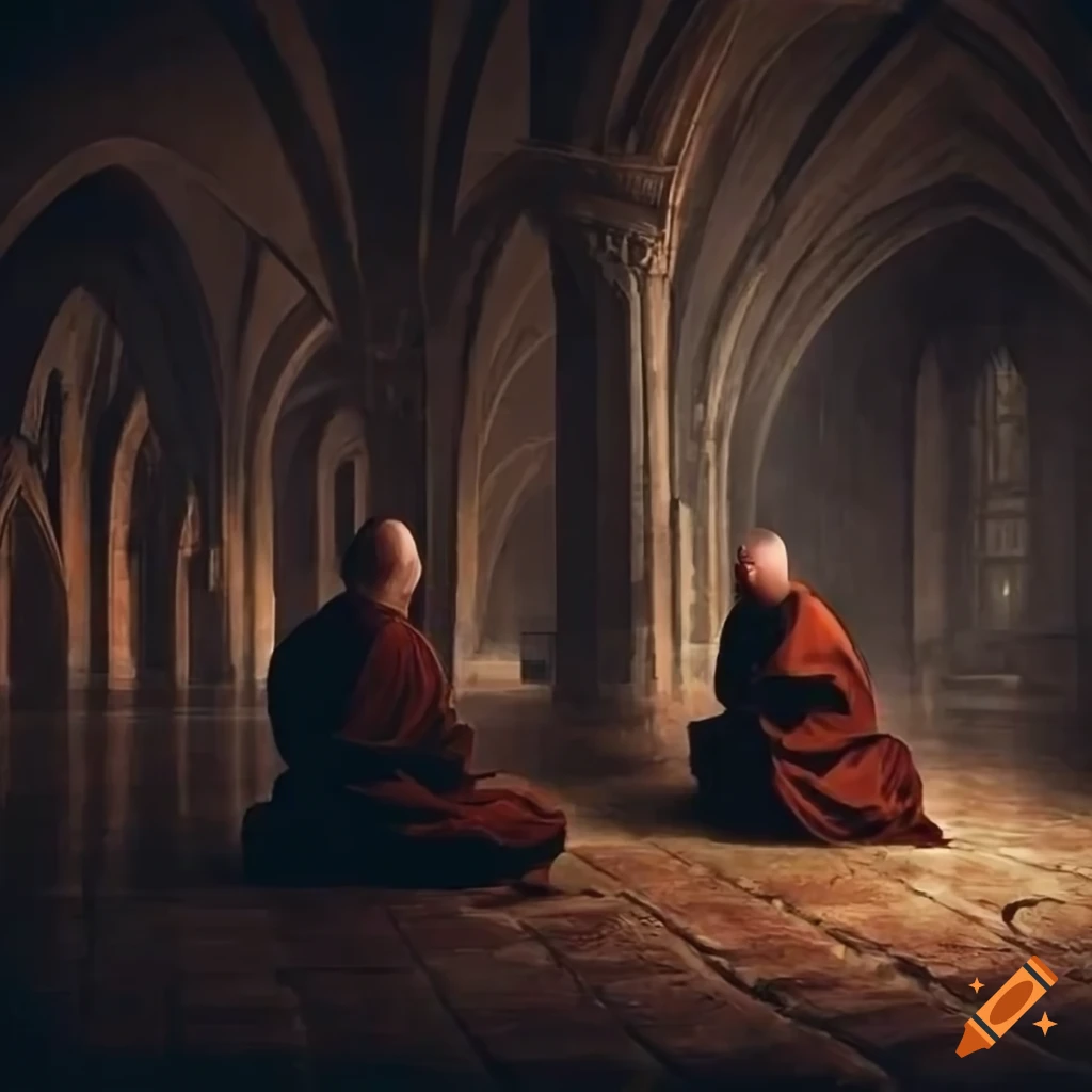 Monks sitting in a dark medieval hall on a rainy night on Craiyon