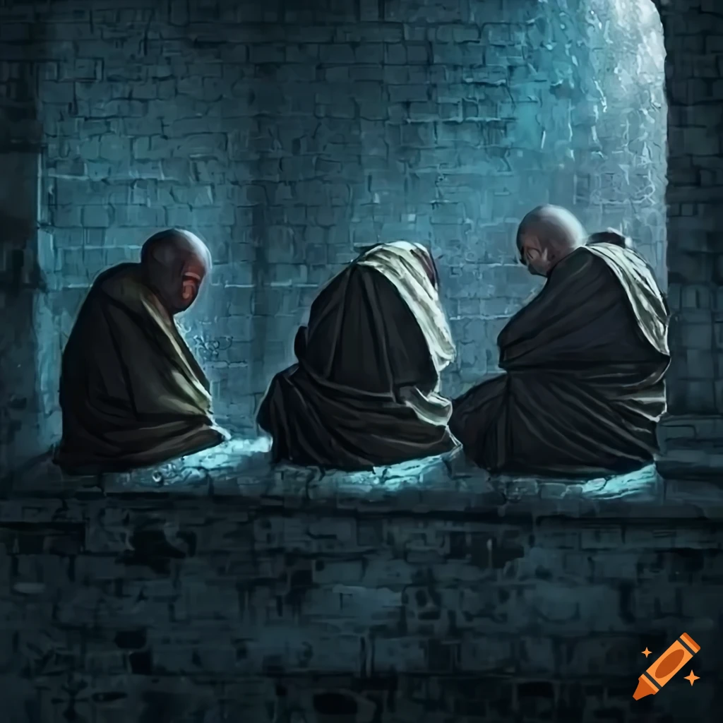 Monks sitting in a medieval prison on a rainy night on Craiyon