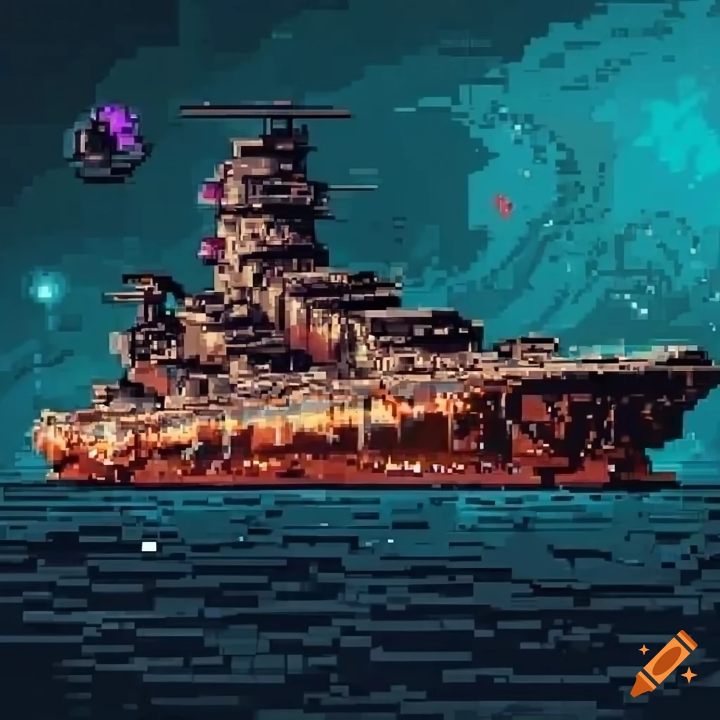 Pixel art of a rusty cyberpunk Chinese space battleship in space on Craiyon