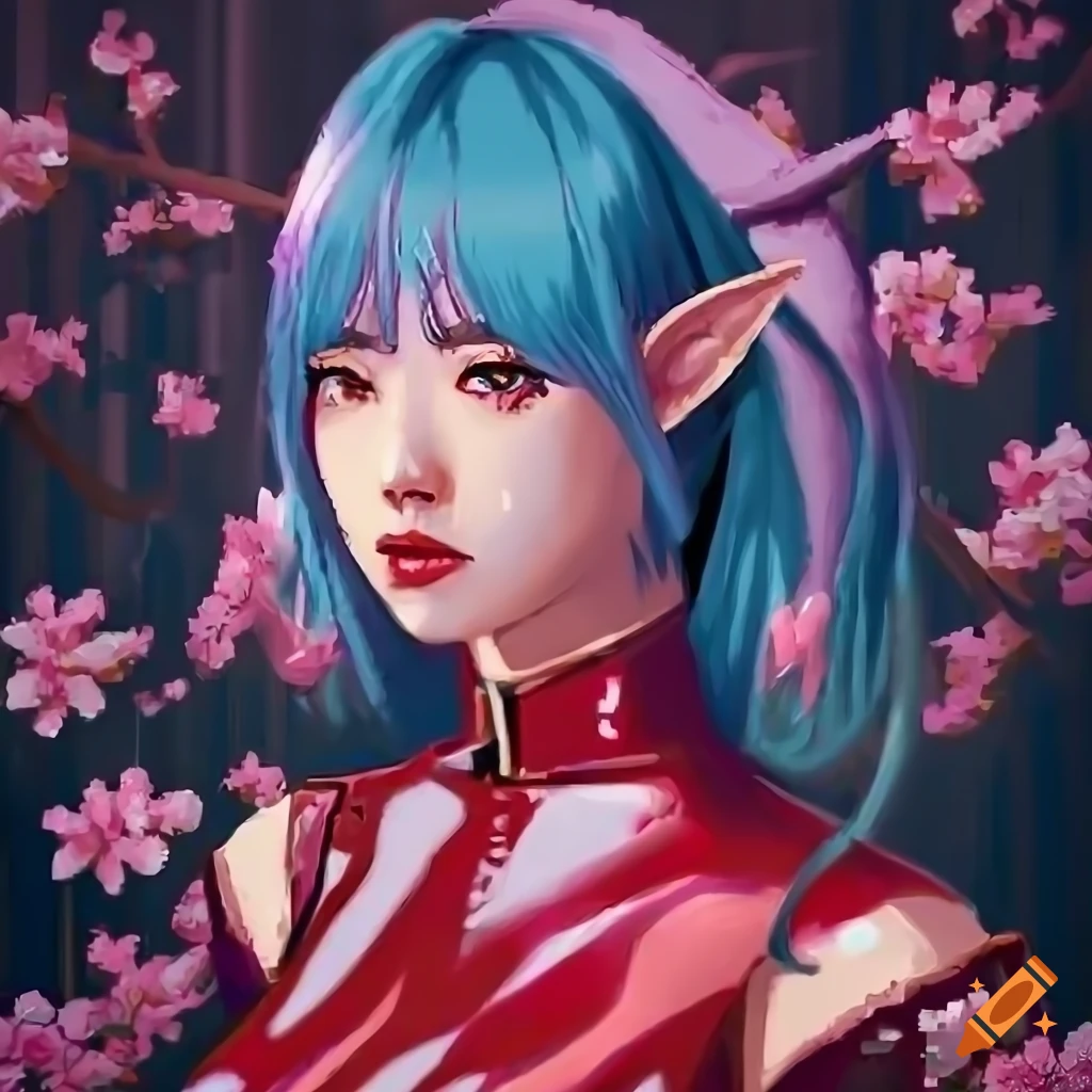 Pixelart portrait of a feminine Korean demi-elf in a blooming forest on ...