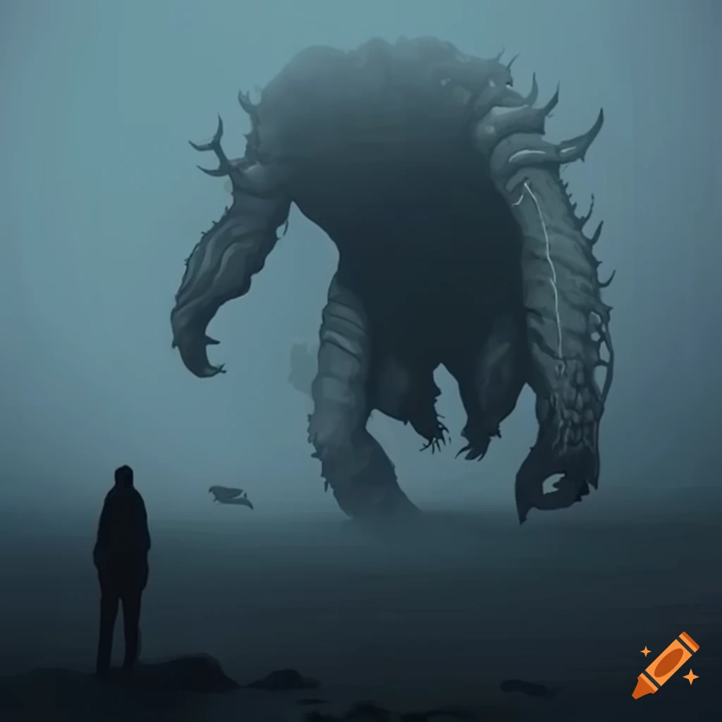 Giant monster with a grey shell in a foggy landscape on Craiyon