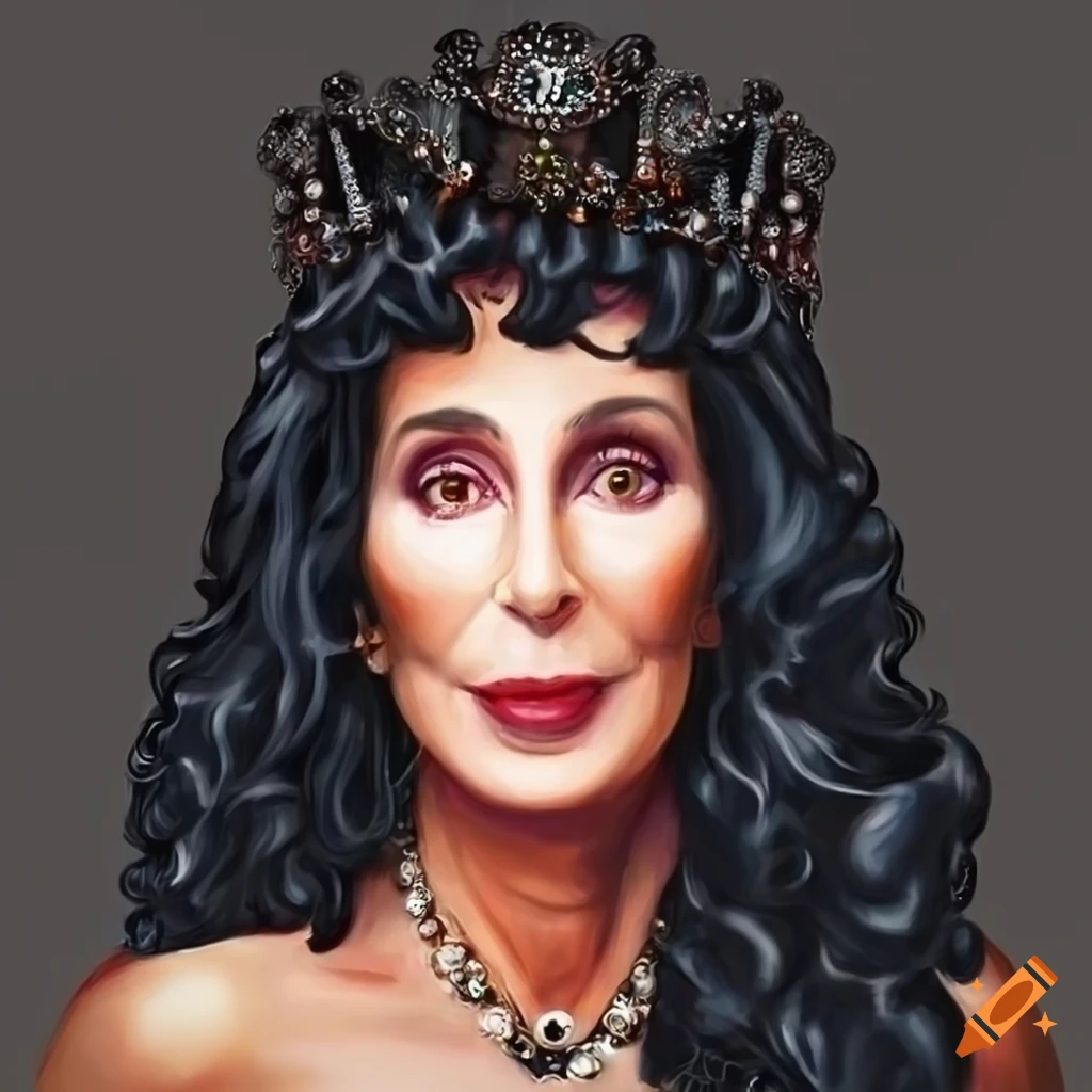 Cher portrayed as a queen in a middle-aged portrait style on Craiyon