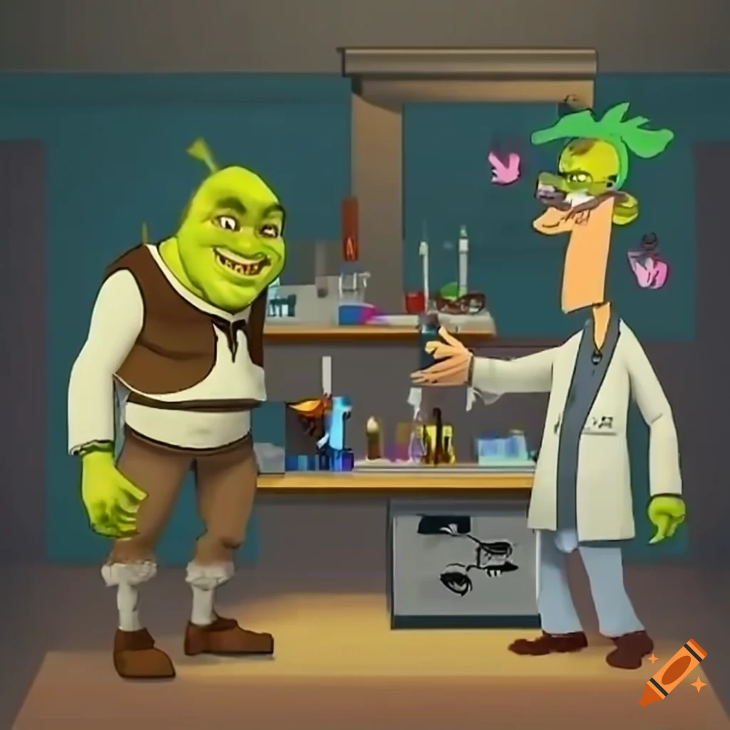 Shrek and Dr. Doofensmirtz in a laboratory inventing The Shrinkanator ...