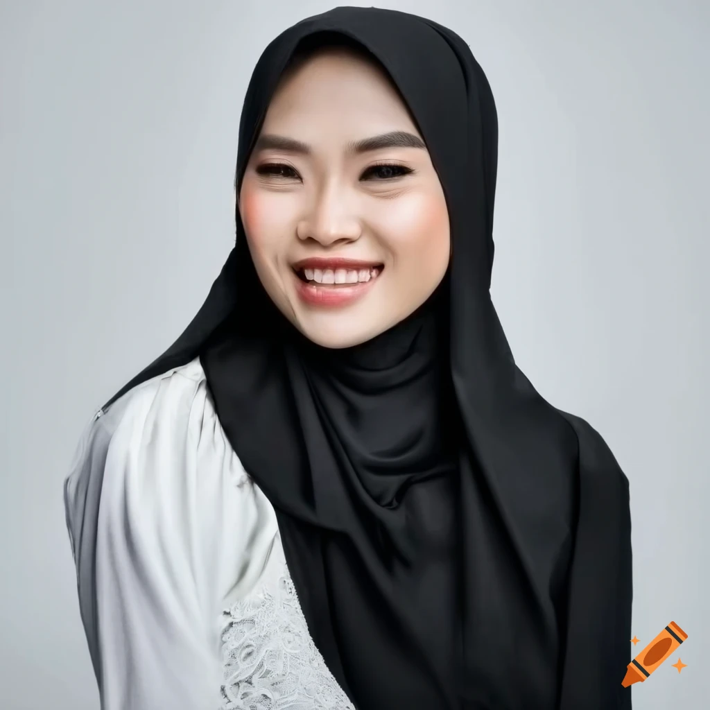 Young Indonesian woman in black pashmina hijab and white dress smiling ...